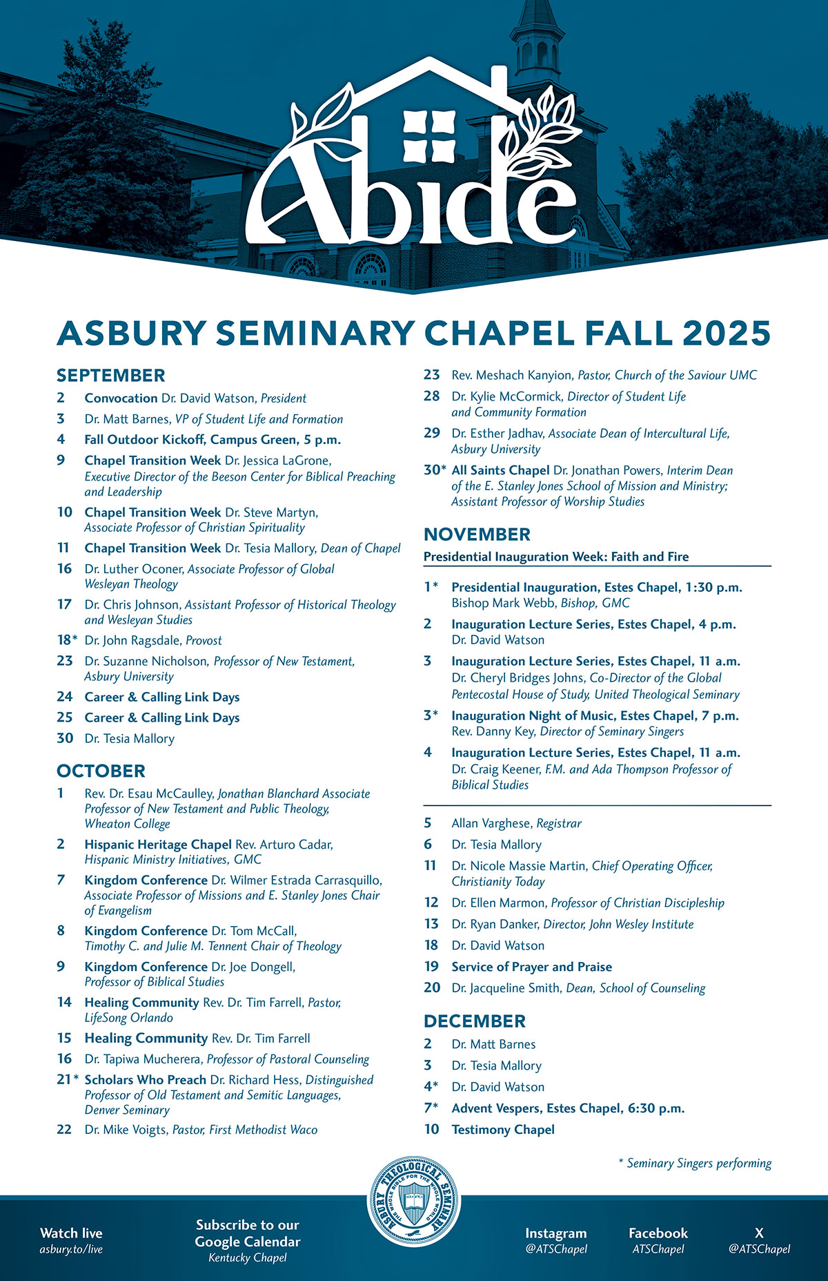 Kentucky Chapel Schedule - Asbury Theological Seminary - Asbury ...